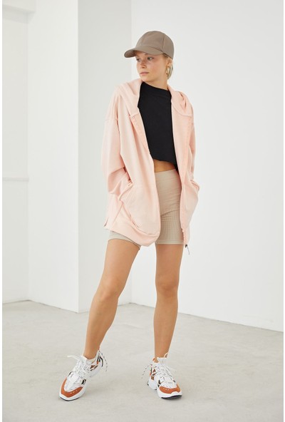 Foremia Fermuarlı Basic Sweatshirt-Pudra