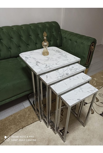 Güvenç C Zigon Sehpa Nikelaj Kaplama Beyaz Mermer Desen 4'lü