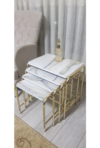 Güvenç Zigon Sehpa Sarı Nikelaj Kaplama Metal Ayaklı Beyaz Mermer Desen