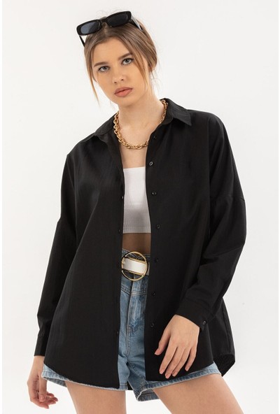 Candybia Kadın Siyah Oversize Uzun Basic Gömlek Candybia Kadın Siyah Oversize Uzun Basic Gömlek
