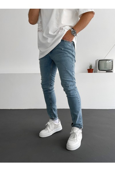 Breezy Mavi Çizik Yırtıklı Slim Fit Pantolon D-6370
