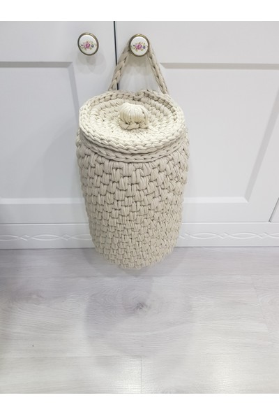 Poşetlik Bej Renk Kapaklı El Örgüsü Poşet Düzenleyici 30X18 cm