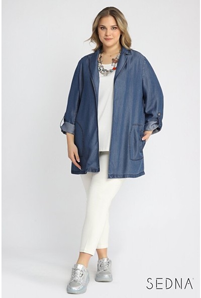 Sedna Büyük Beden Düz Katlanabilir Kol Lacivert Kadın Ceket 22YCKT9501