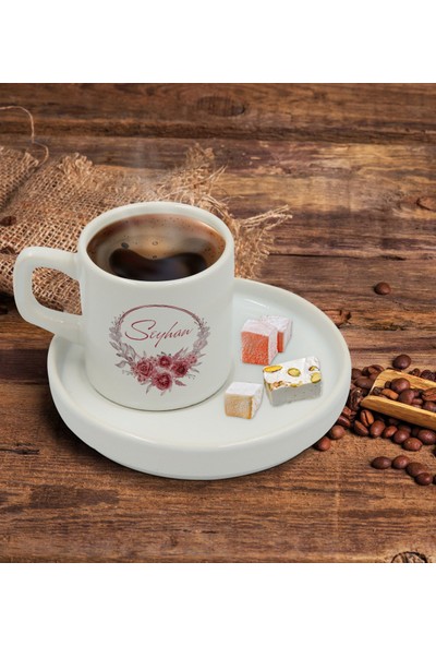 BK Kişiye Özel Sunum Tabaklı Çiçek Tasarımlı Türk Kahvesi Fincanı Model 1