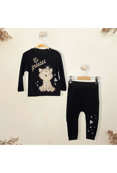 Kız Çocuk 2li Takım Kedili - Flonte Kids - Eşofman Takımı - Siyah - 1-2 Yaş Kız Çocuk 2li Takım Kedili - Flonte Kids - Eşofman Takımı - Siyah - 1-2 Yaş