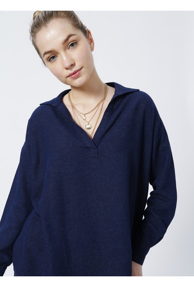 Fabrika Bollen Gömlek Yaka Geniş Fit Düz Lacivert Kadın Bluz Fabrika Bollen Gömlek Yaka Geniş Fit Düz Lacivert Kadın Bluz