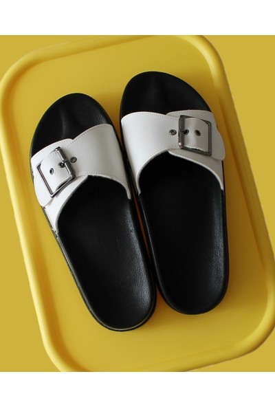 Mubaco Mubaco. Ortopedik Tabanlı Tokalı Beyaz Kadın Terlik