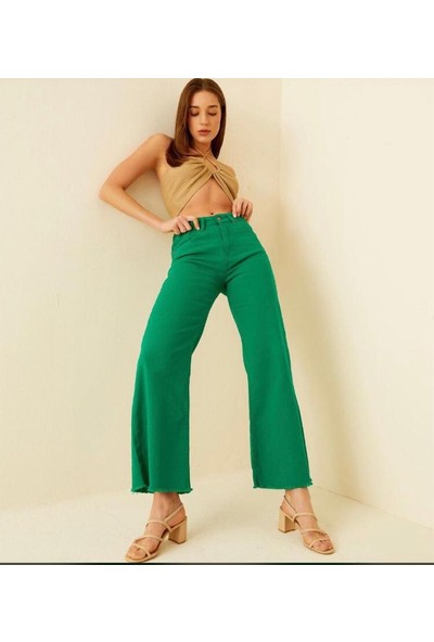 New Flora Ne Wflora Püskül Paça Yüksek Bel 90's Kadın Pantolonu Wide Leg Jeans