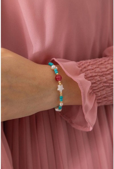 Bujiteri Dükkanı Turkuaz Boncuklu Incili ve Yıldız Figürlü Bileklik