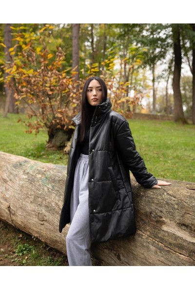 Deseo Boutıque Kadın Siyah Renk Uzun Suni Deri Mont Kaban