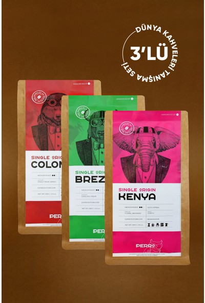 Perro Yöresel Kahveler Tanışma Seti 200 gr x 3 Kenya + Colombia + Brezilya Single Origin Filtre Kahve Perro Yöresel Kahveler Tanışma Seti 200 gr x 3 Kenya + Colombia + Brezilya Single Origin Filtre Kahve