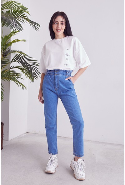 Beli Lastikli Mom Jean Pantolon-Koyu Mavi