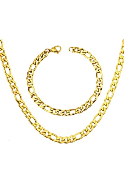Takı Dükkanı Gold Figaro 3e1 Çelik Erkek Bileklik ve Kolye Zincir Set ACK06S Takı Dükkanı Gold Figaro 3e1 Çelik Erkek Bileklik ve Kolye Zincir Set ACK06S