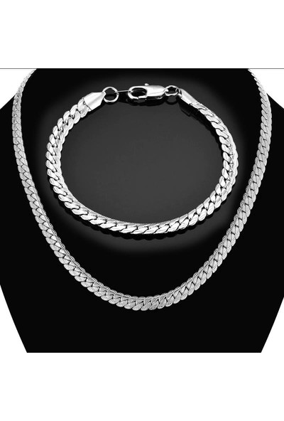Takı Dükkanı Silver Ezme Yassı Yılan Çelik Unisex Kolye ve Bileklik Seti ECK36S Takı Dükkanı Silver Ezme Yassı Yılan Çelik Unisex Kolye ve Bileklik Seti ECK36S