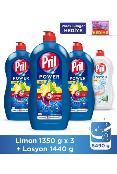 Pril Elde Yıkama Sıvı Bulaşık Deterjanı 3 x 1350g Limon 5+ Etki + 1440g Losyon + Parex Sünger Hediye Pril Elde Yıkama Sıvı Bulaşık Deterjanı 3 x 1350g Limon 5+ Etki + 1440g Losyon + Parex Sünger Hediye