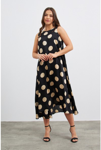Gusto Puanlı Uzun Elbise - Siyah