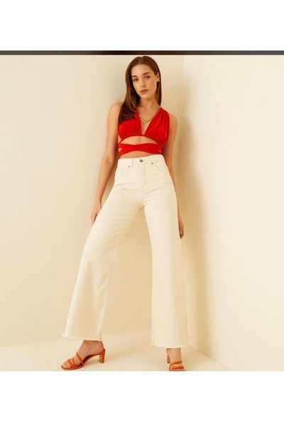 New Flora Püskül Paça Yüksek Bel 90's Kadın Pantolonu Wide Leg Jeans