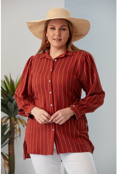Rmg Kol Detaylı Bel Büzgülü Büyük Beden Çizgili Kiremit Gömlek