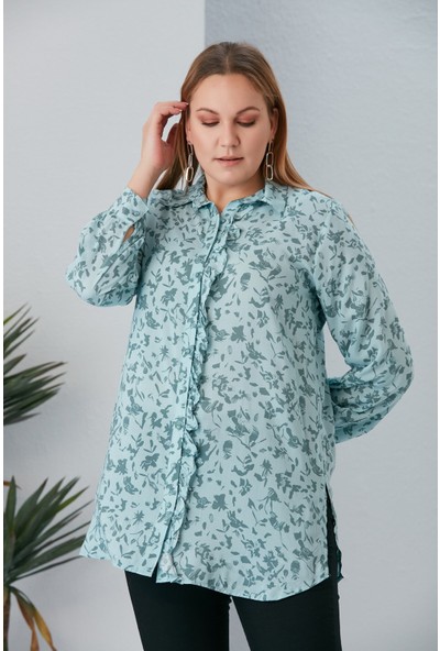 Rmg Yanları Yırtmaç Detaylı Büyük Beden Desenli Çağla Yeşili Gömlek