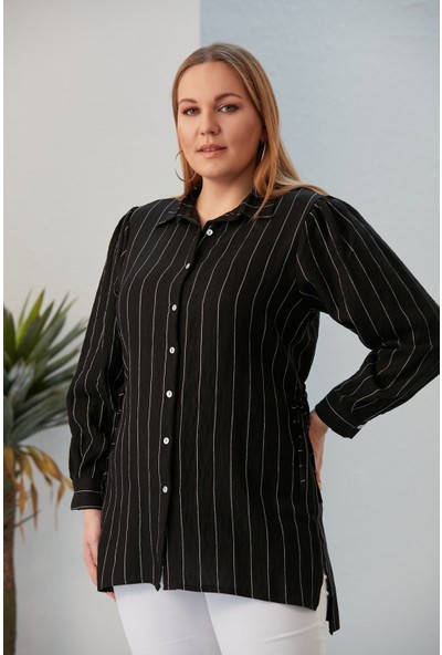 Rmg Kol Detaylı Bel Büzgülü Büyük Beden Çizgili Siyah Gömlek