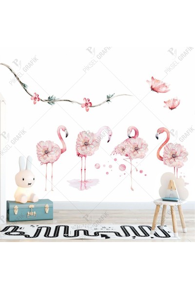Piksel Grafik Flamingolar Duvar Sticker
