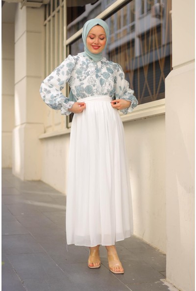 Meqlife Kolları Işlemeli Elbise - Su Yeşili