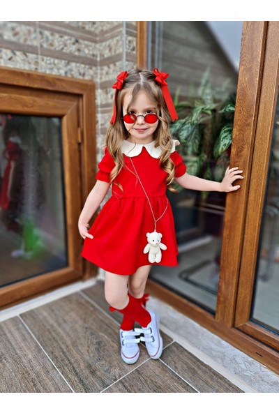 Mojqueno Kids Kız Çocuk Elbise Kırmızı Ayıcıklı ve Çoraplı Elbise