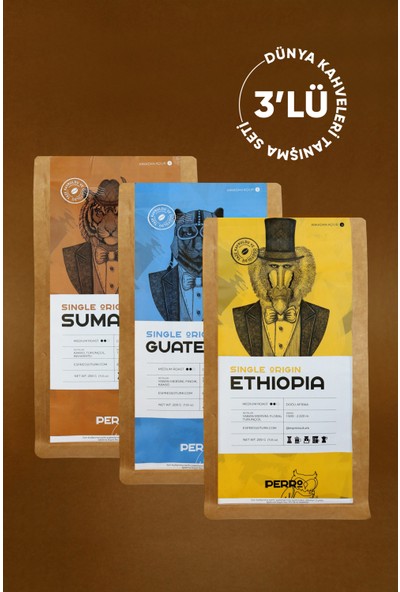 Perro Yöresel Kahveler Tanışma Seti 200 gr x 3 Etiyopya + Sumatra + Guatemala Single Origin Filtre Kahve Perro Yöresel Kahveler Tanışma Seti 200 gr x 3 Etiyopya + Sumatra + Guatemala Single Origin Filtre Kahve