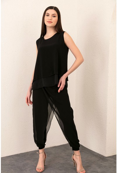 Etkimod Kadın Siyah Şifon Detaylı Paçası Lastikli Şalvar Pantolon
