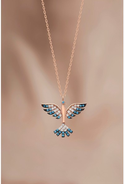 Tamamı Saf Orjinal 925 Ayar Gümüş Rose Kaplama Zümrüdü Ankakuşu Kolyesi