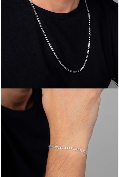 Ventino Silver 925 Ayar Gümüş Figaro Zincir Kolye Bileklik Set VES-8501