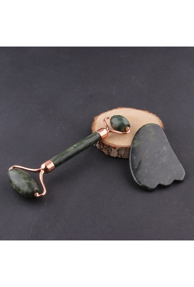 Osmanlı Doğal Taş Yeşim Doğal Taşı Roller Ve Kaz Ayağı Gua Sha Masaj Takımı Ma071