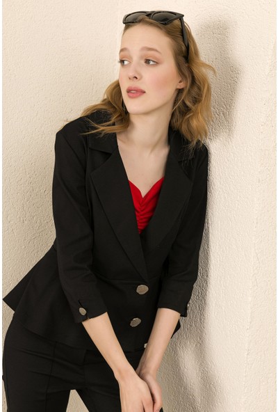 Kdm Kadın Modası Kadın Siyah Yakalı Vlanlı Altı ve Kolu Düğmeli Blazer Ceket Kdm Kadın Modası Kadın Siyah Yakalı Vlanlı Altı ve Kolu Düğmeli Blazer Ceket
