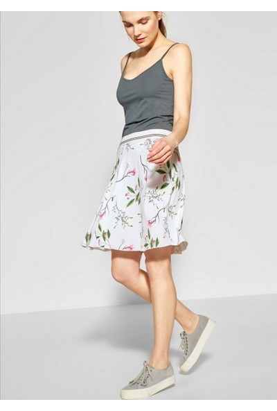 Eyo Tek Pileli Beli Lastikli Penye Çiçek Desenli Etek
