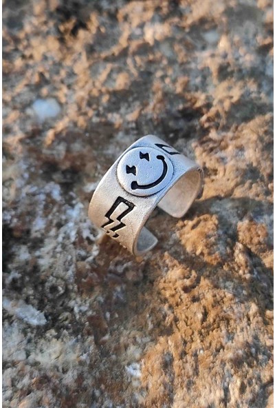 The Collection Smile Gülen Yüz Şimşek Motif Gümüş Kaplama Ayarlanabilir Yüzük