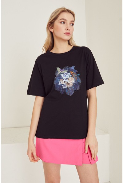 Love Tropical Baskılı T-Shirt-Siyah