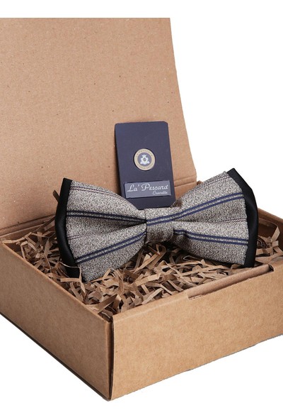 Kravatkolik Bej Çizgi Desen Papyon P1169