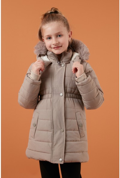 Lela Yakası Suni Kürklü Peluş Astarlı Kapüşonlu Cepli Mont Kız Çocuk Mont 6035030