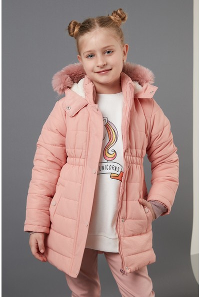 Lela Yakası Suni Kürklü Peluş Astarlı Kapüşonlu Cepli Mont Kız Çocuk Mont 6035030