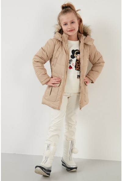 Lela Yakası Suni Kürklü Içi Peluş Astarlı Kapüşonlu Cepli Mont Kız Çocuk Mont 6034040