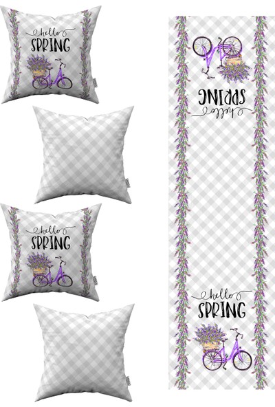 Cango Home Gri Mor Kareli Bahar Temalı 4'lü Kırlent Kılıfı 1 Runner Seti 4KMBS246-RS Cango Home Gri Mor Kareli Bahar Temalı 4'lü Kırlent Kılıfı 1 Runner Seti 4KMBS246-RS