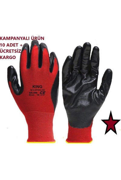 Pazariz 10 Çift Siyah Kırmızı Inşaat Eldiveni -Bahçe Eldiveni Iş