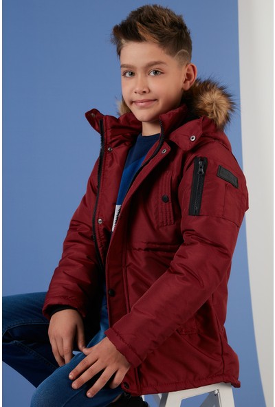 Lela Yakası Suni Kürklü Peluş Astarlı Kapüşonlu Mont Erkek Çocuk Mont 6031050