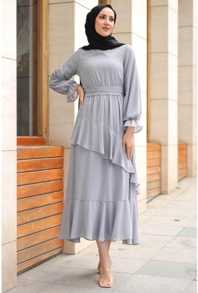 Meqlife Kolları Büzgülü Kuşaklı Elbise - Gri