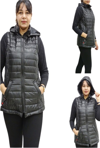 Elsin Butik Kadın Büyük Beden Siyah Cepli ve Kapişonlu Içi Astarlı Yelek FRT600622 Elsin Butik Kadın Büyük Beden Siyah Cepli ve Kapişonlu Içi Astarlı Yelek FRT600622