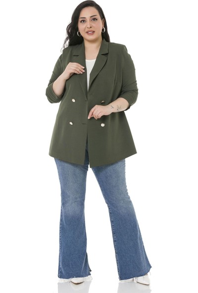 Disentis Modest Büyük Beden Mono Yaka Kruvaze Kapama Kolu Pileli Haki Astarsız Kadın Ceket