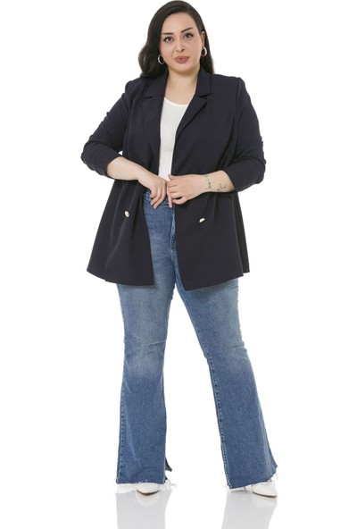 Disentis Modest Büyük Beden Mono Yaka Kruvaze Kapama Kolu Pileli Lacivert Astarsız Kadın Ceket