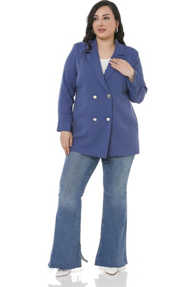 Disentis Modest Büyük Beden Mono Yaka Kruvaze Kapama Kolu Pileli Indigo Astarsız Kadın Ceket