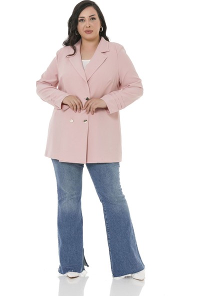 Disentis Modest Büyük Beden Mono Yaka Kruvaze Kapama Kolu Pileli Pudra Astarsız Kadın Ceket