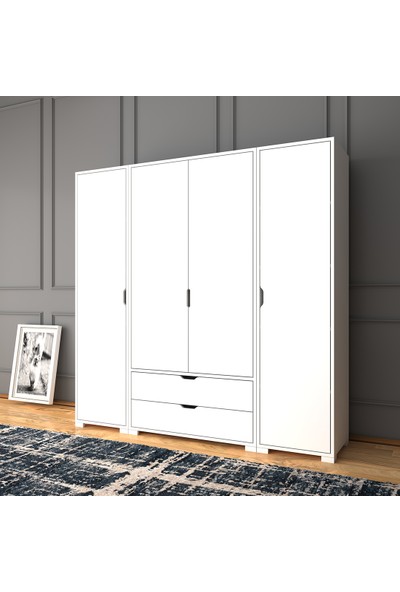 Midoser Mat Beyaz 4 Kapılı 2 Çekmeceli Elbise Dolabı - Gardırop Seti Midoser Mat Beyaz 4 Kapılı 2 Çekmeceli Elbise Dolabı - Gardırop Seti